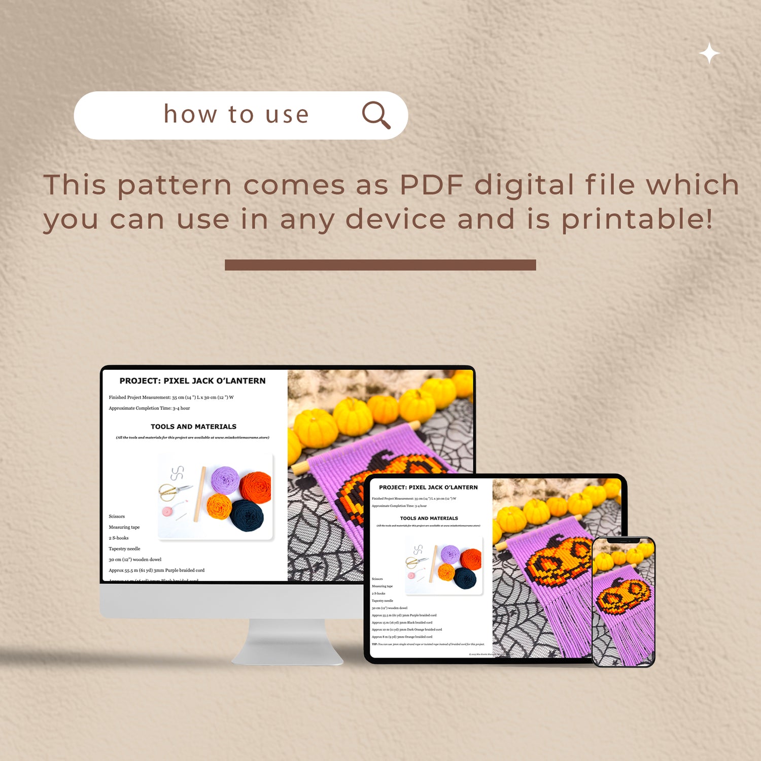 Jack-O'-Lantern Halloween Pixel Pattern - Digital PDF and Knot Guide