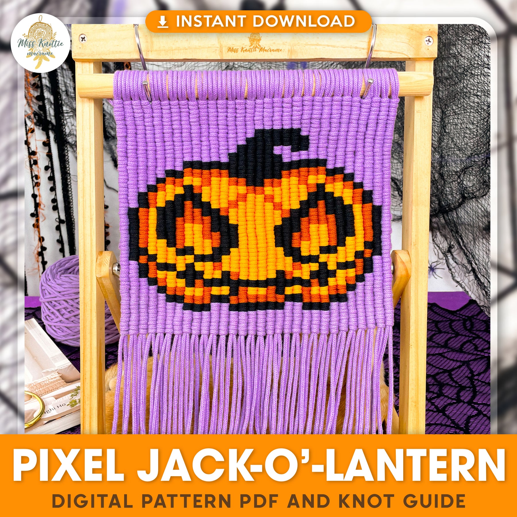 Jack-O'-Lantern Halloween Pixel Pattern - Digital PDF and Knot Guide